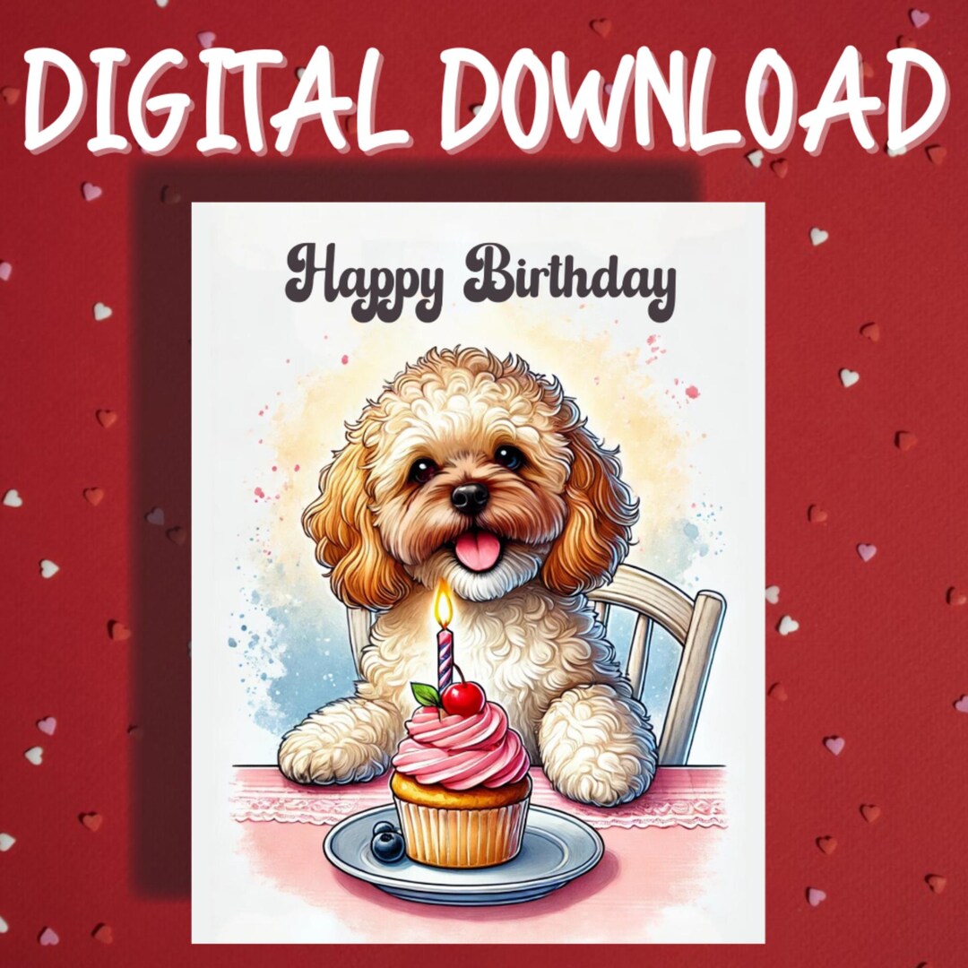 Birthday Printable Card Cavapoo Dog Pet Lover Illustrated Cards Happy Birthday Gift Ideas for ...