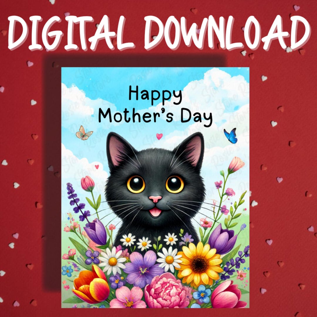 Mother's Day Printable Card Digital Download Black Cat Pet Lover ...