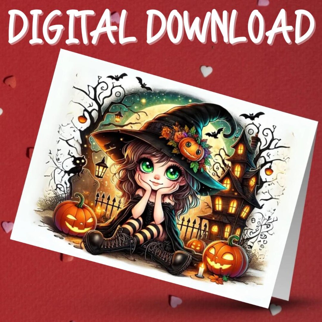 Printable Halloween Witch Card, Watercolor Fall Pumpkin Haunted House ...