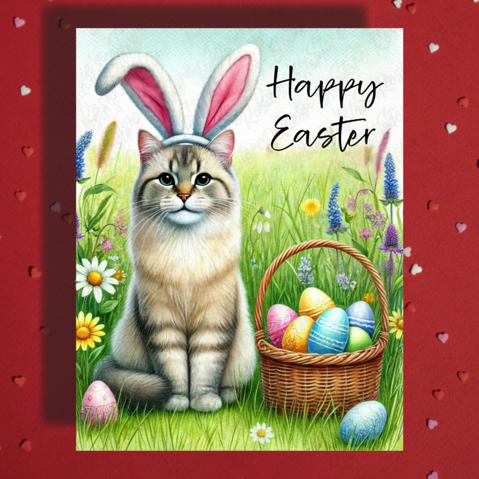 Happy Easter Greeting Card Cat Pet Lover Easter Bunny Illustrated Cards ...
