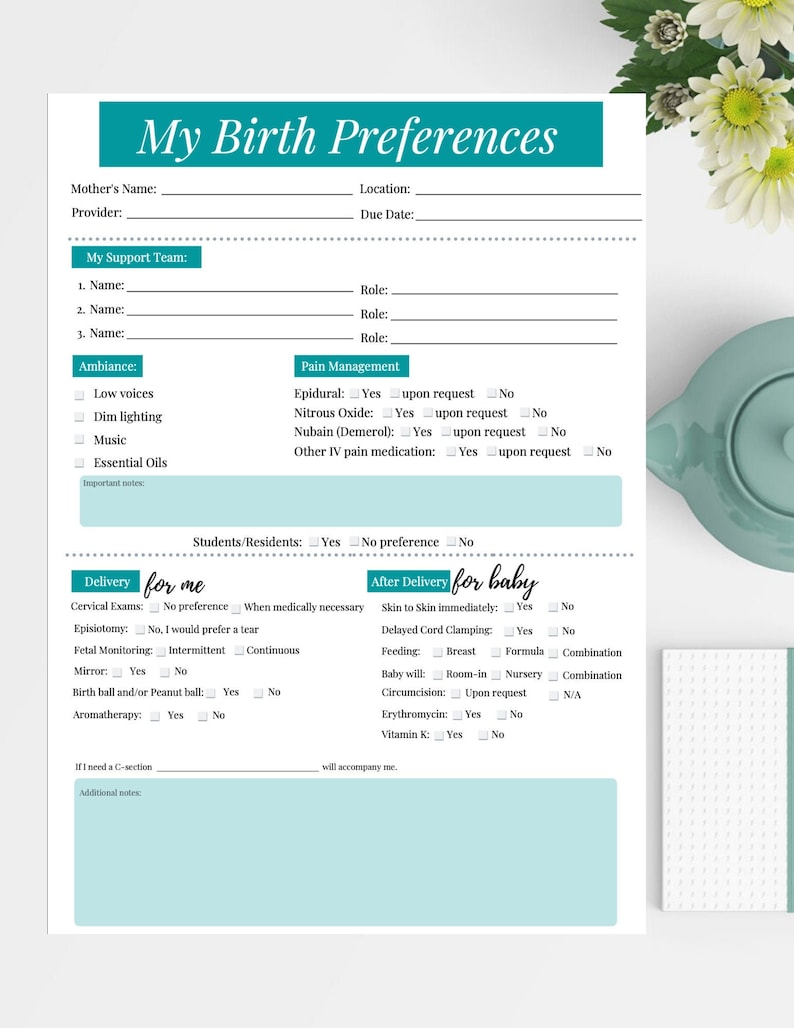 Birth Preferences Template / Birth Plan Template / Printable Birth Plan ...