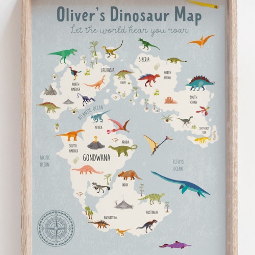 DINOSAUR WORLD MAP Personalised Educational Map Map of the - Etsy