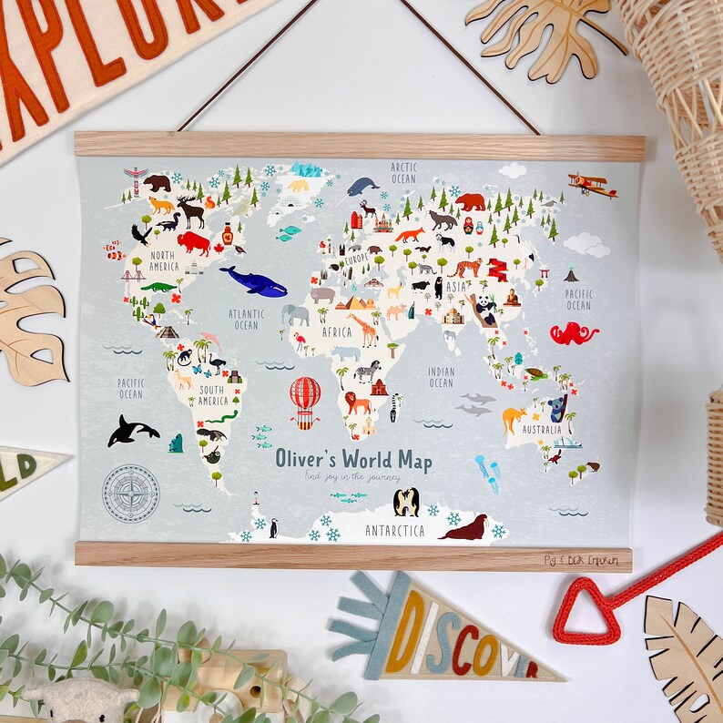 WORLD MAP Print Custom Colours Kids Bedroom Map Safari | Etsy
