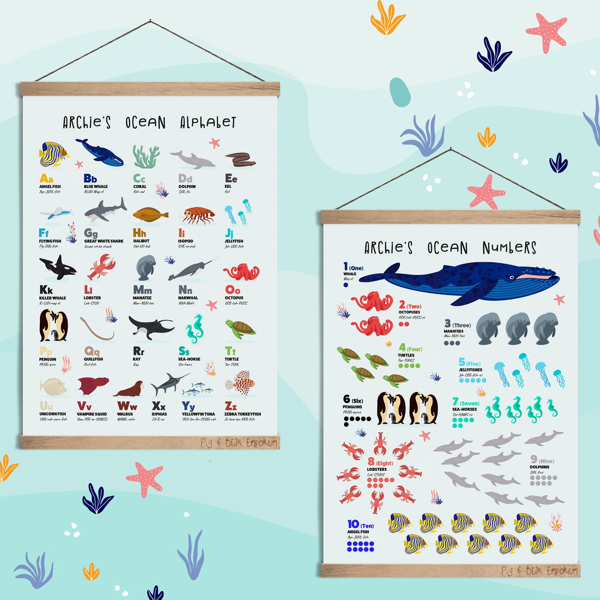 Ocean Animal Alphabet and Number Print Sea Creatures Poster | Etsy
