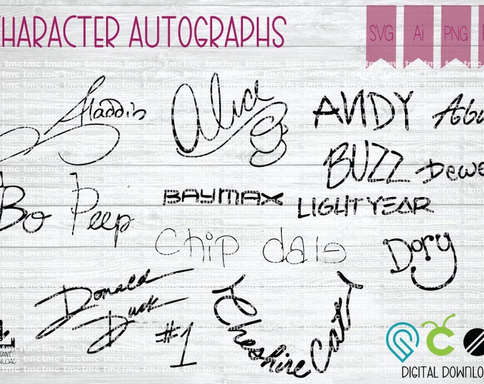 Over 50 Character Autographs, SVG, PNG, Sublimation, Princess, Stitch ...