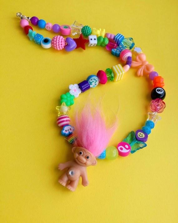 Funky Retro Troll Doll Beaded Necklace 90s Rainbow Etsy