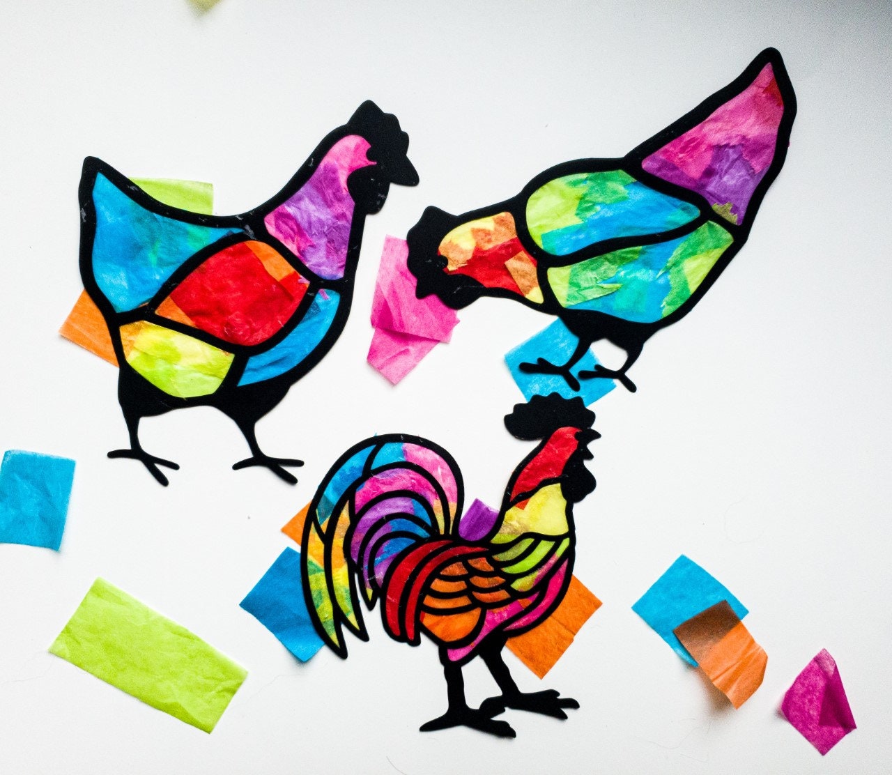 Chickens-suncatcher-kids Craft Kit Stained Glass Tissue - Etsy