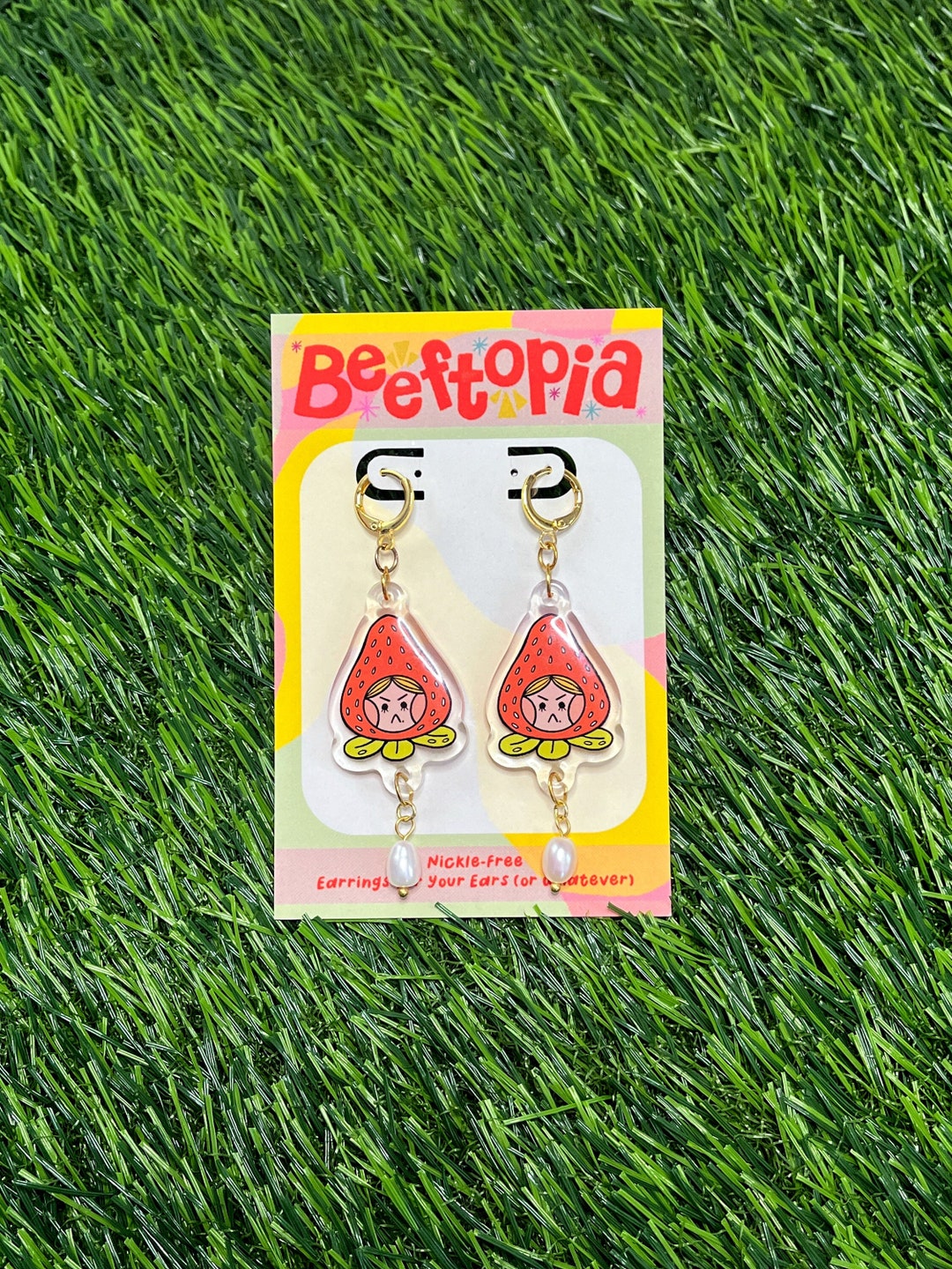 Grumpy Strawberry Acrylic Earrings | Cute Novelty Nickel Free Jewelry - Etsy