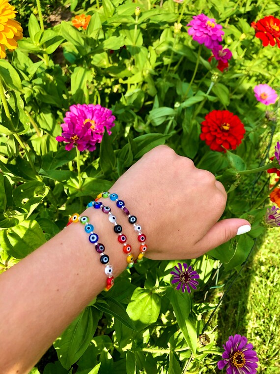Stretchy multicolored evil eye bracelet 6.5 inch bracelet | Etsy