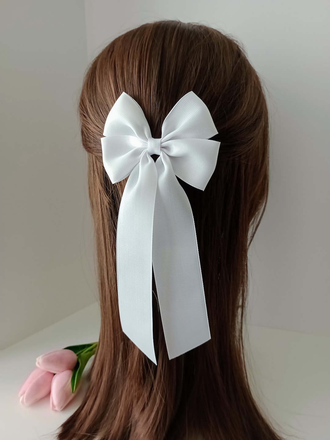White Ribbon Bow With Long Tails Classic Handmade Hair Accessory for ...