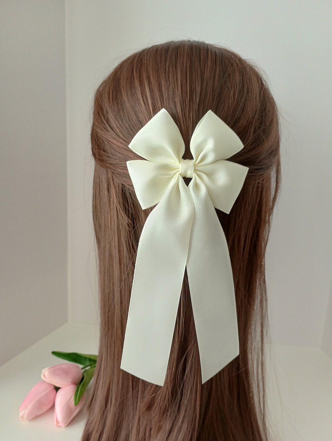 Ivory Ribbon Bow With Long Tails Classic Handmade Hair Accessory for ...