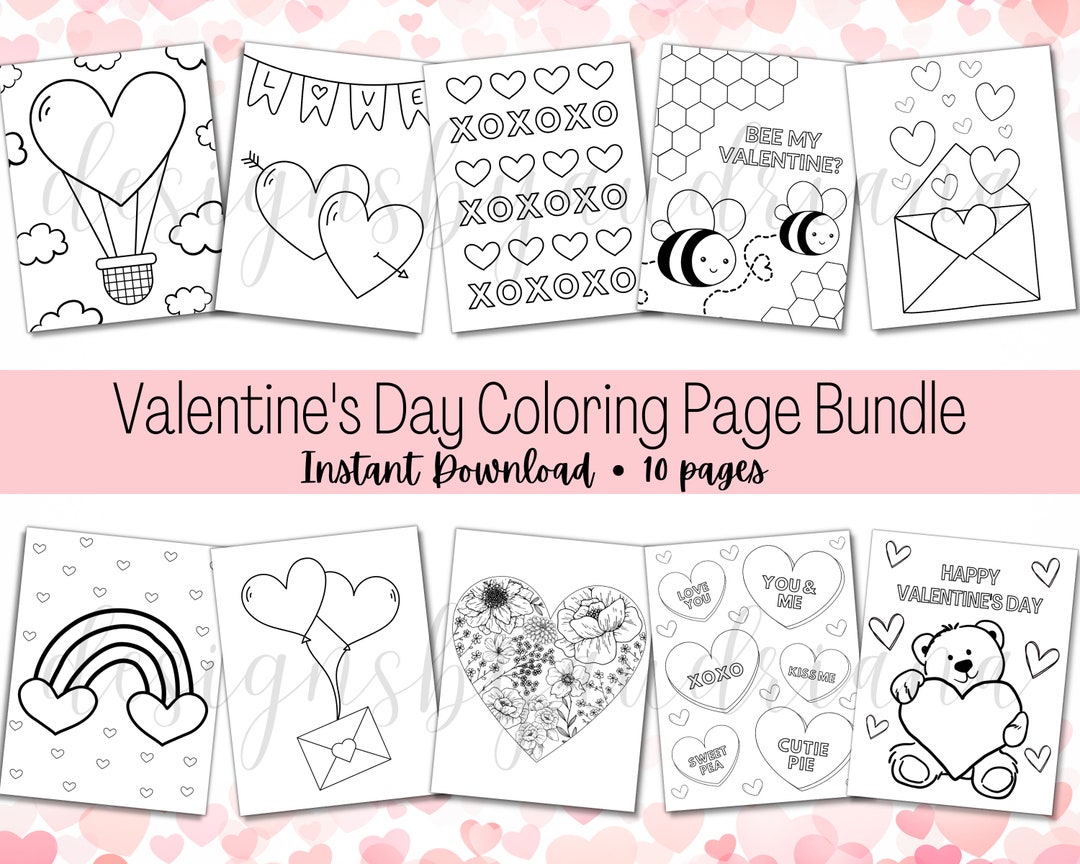 Valentine's Day Printable Coloring Page Bundle, Coloring Activities for ...