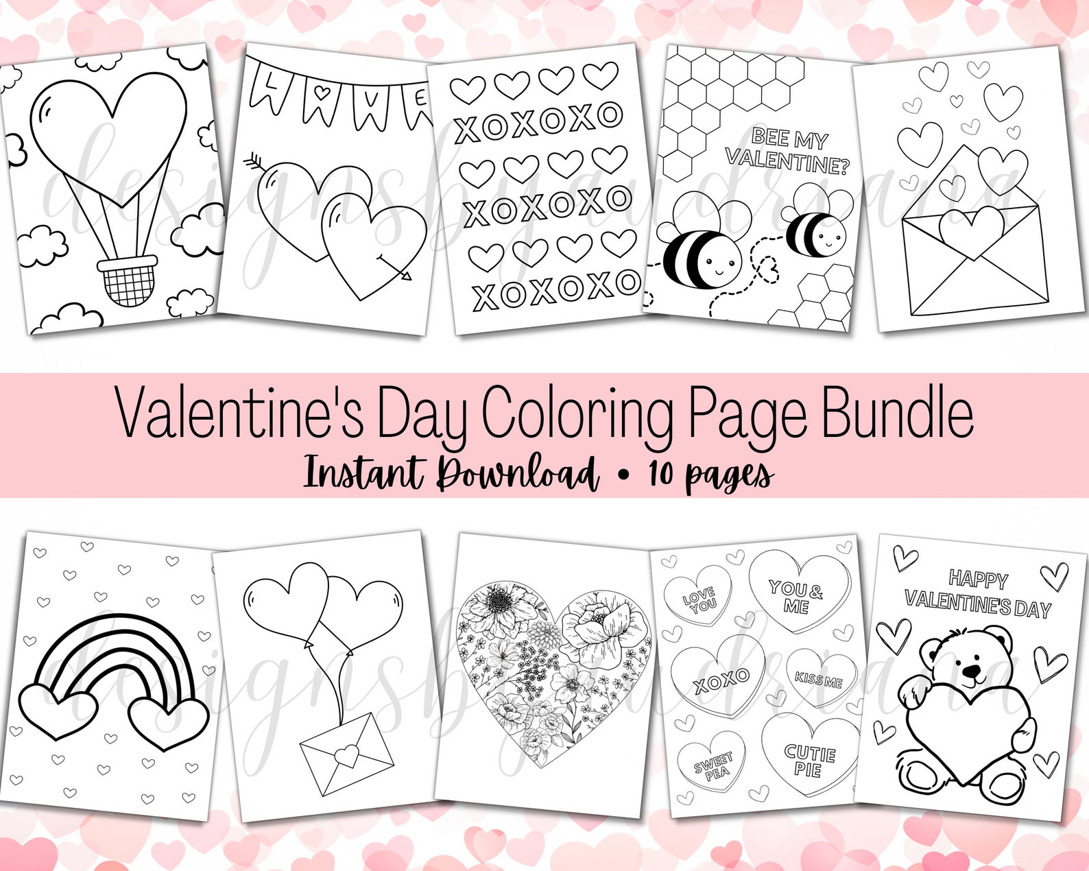 Valentine's Day Printable Coloring Page Bundle, Coloring Activities for ...