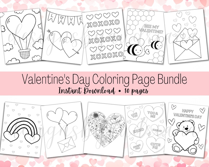Valentine's Day Printable Coloring Page Bundle, Coloring Activities for ...