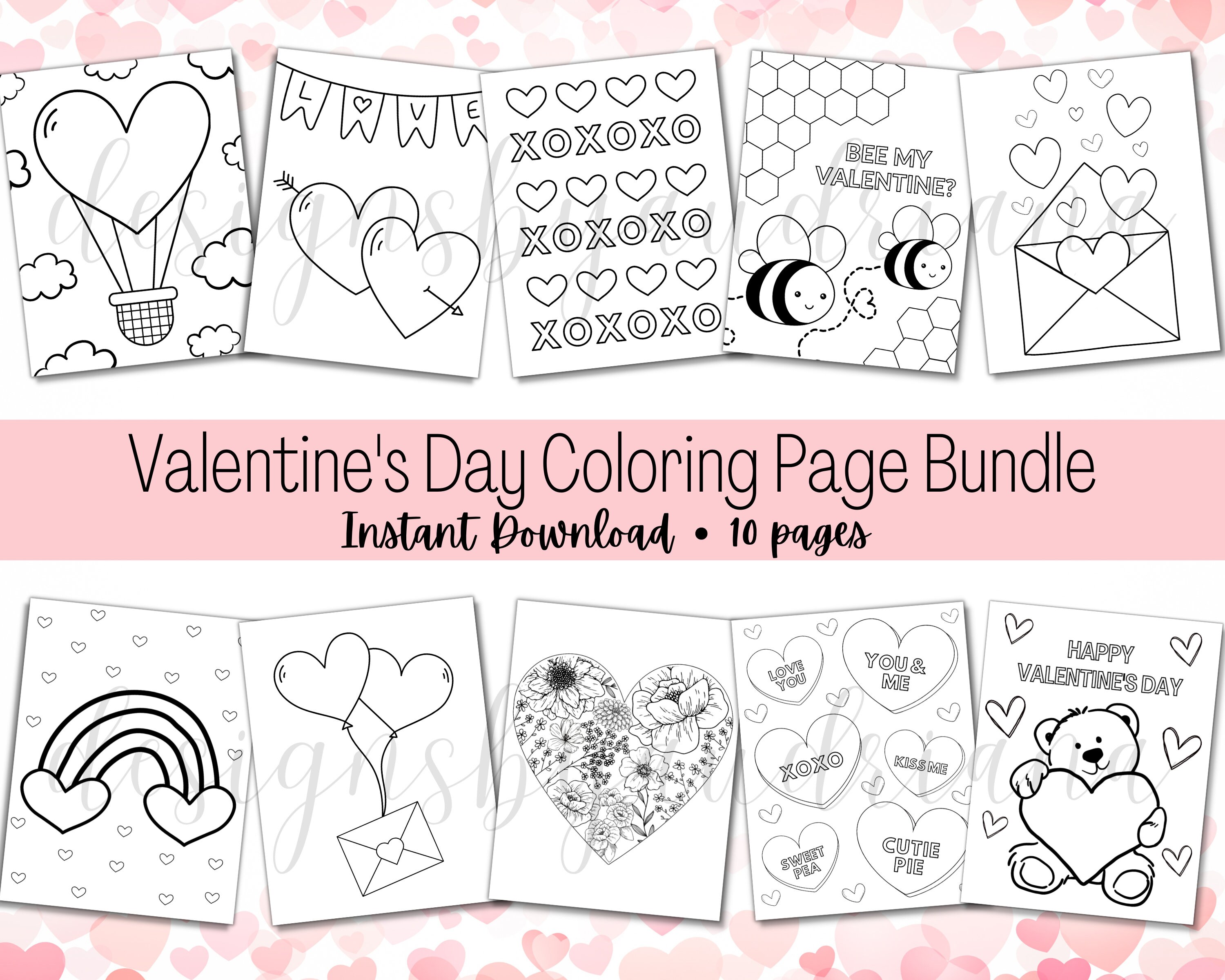 Valentine's Day Printable Coloring Page Bundle, Coloring Activities for ...