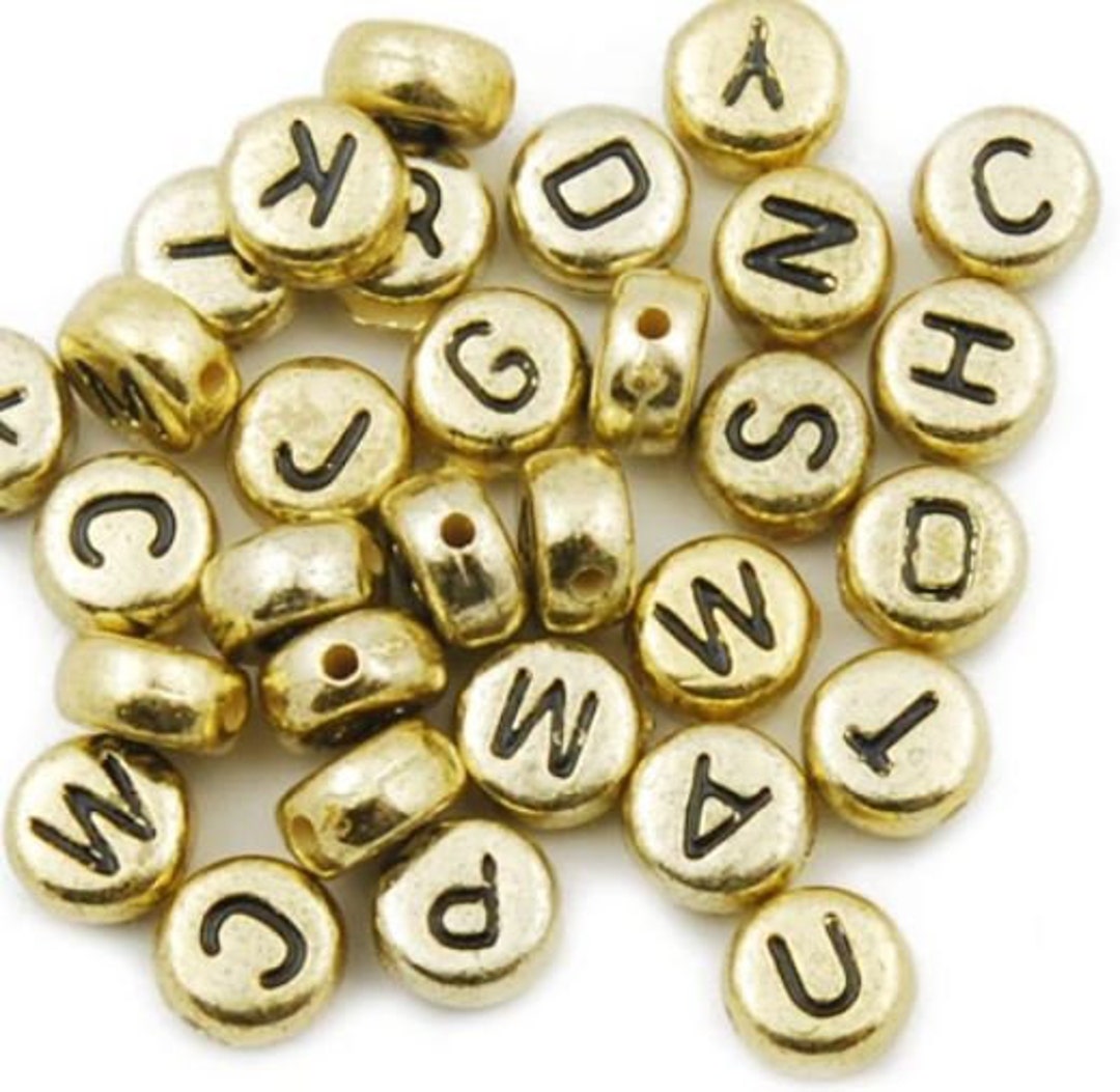 Alphabet Letter Beads, 7mm Gold Metallic Round Acrylic Beads With Black ...