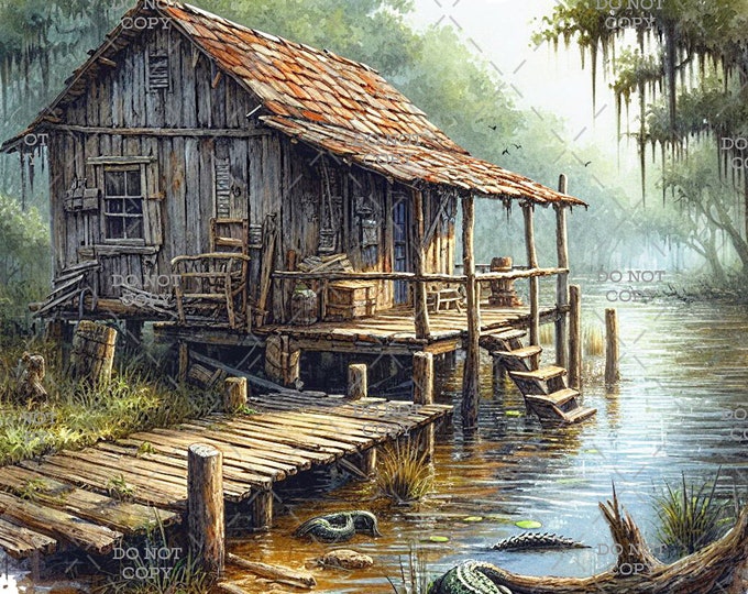 Worn Old Shack on the Bayou | Hunting | Swamp | Watercolor | DIGITAL ...