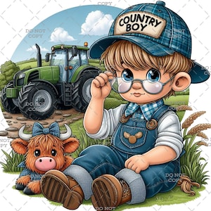 Country Boy in Overalls With Highland Cow DIGITAL DOWNLOAD Png File - Etsy