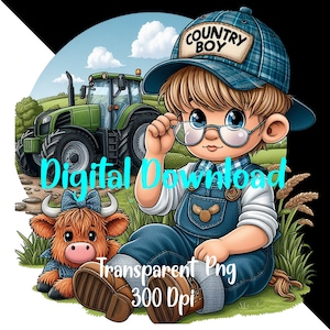 Country Boy in Overalls With Highland Cow DIGITAL DOWNLOAD Png File - Etsy