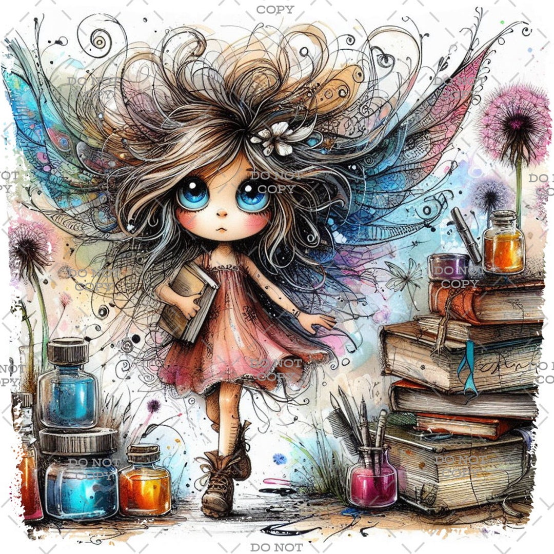 Whimsical Girl and Stack of Books DIGITAL DOWNLOAD Png File - Etsy