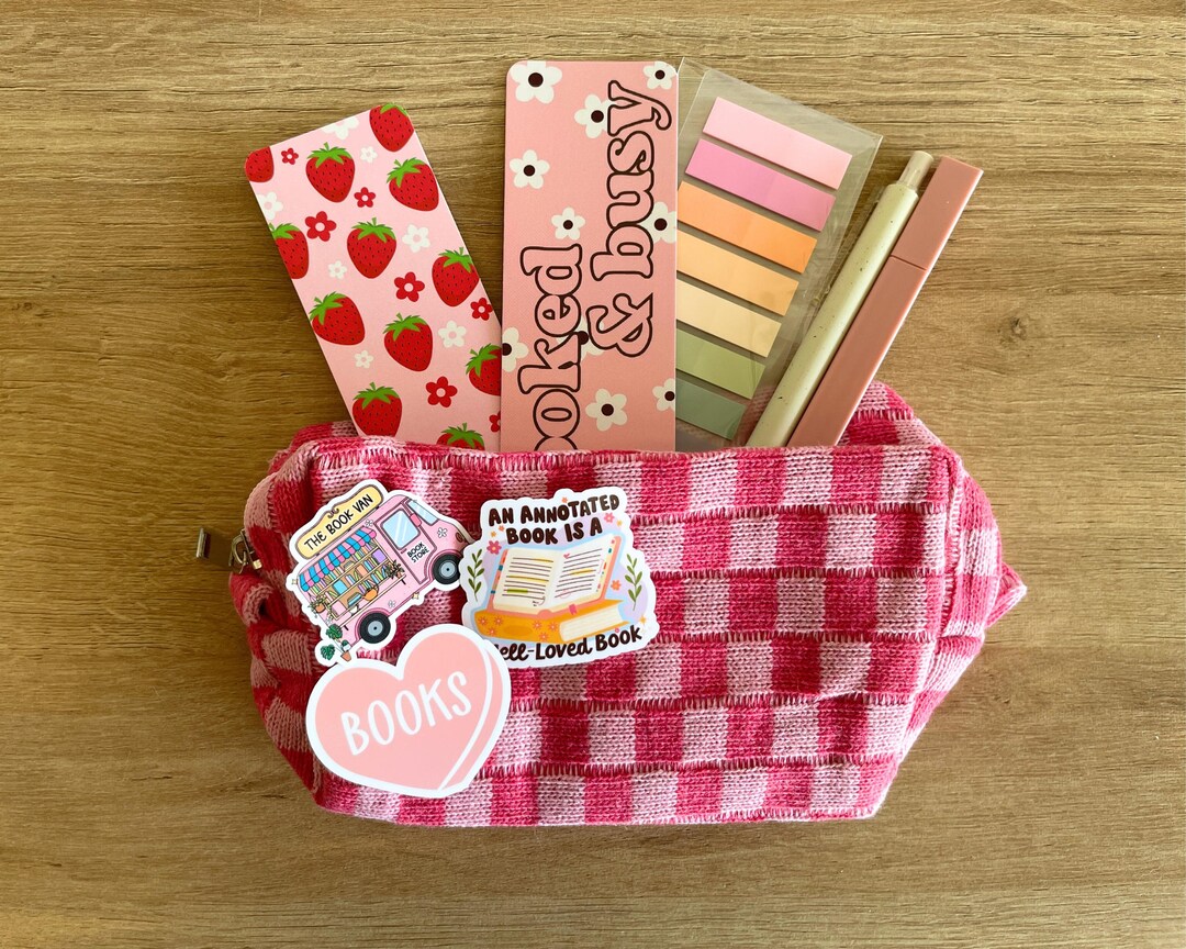 Pink Check Annotation Kit, Multi Purpose Zippered Case, Gift for Reader ...