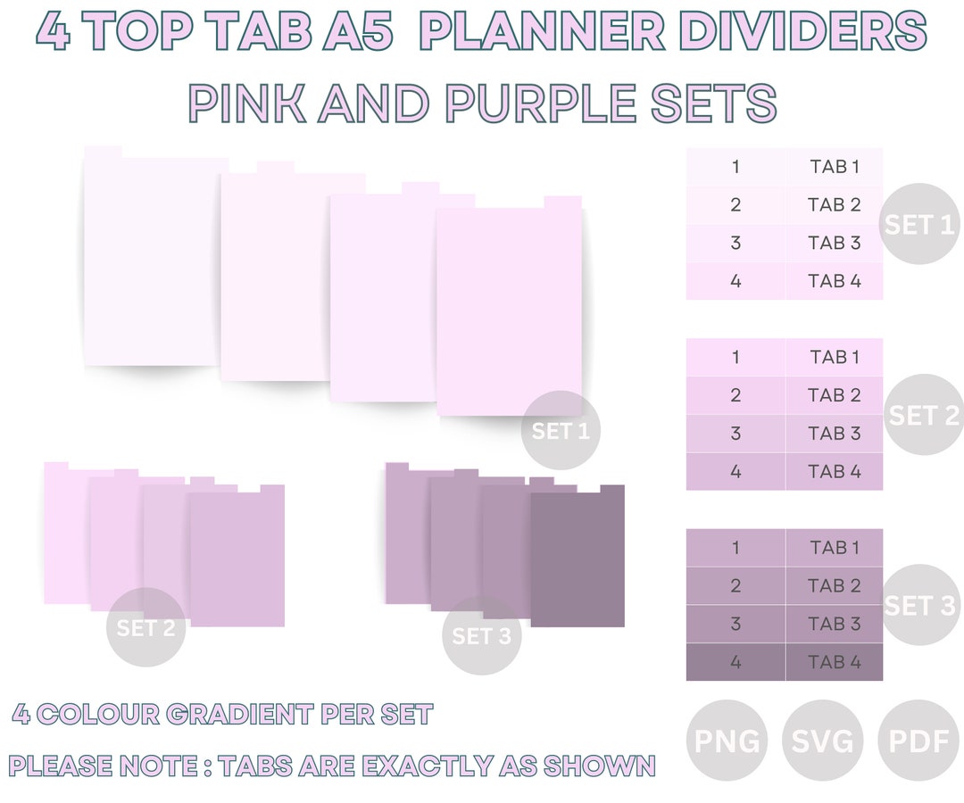 A5 Planner Divider SVG PNG PDF Cut File, A5 4 Top Tabbed Divider, Top ...