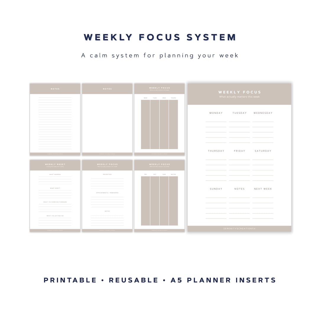 Weekly Focus Planner Printable | A5 Weekly Planner Inserts | Calm ...