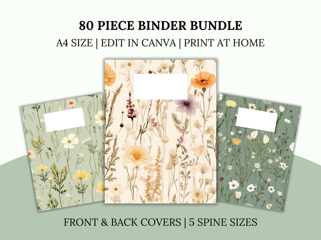 80 Piece Wild Flower Binder Covers and Spines Bundle, A4 Letter, Binder ...
