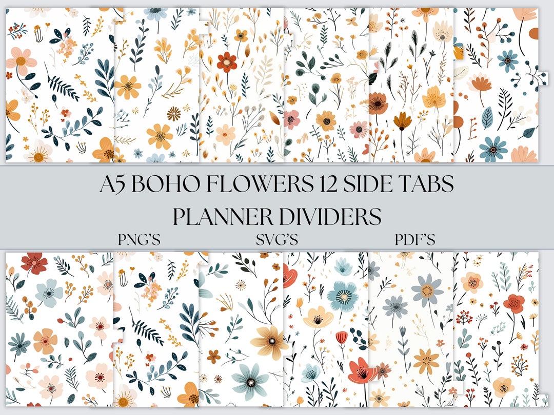 A5 Boho Floral Planner Dividers: 12 Side Tabbed (digital Download) - Etsy