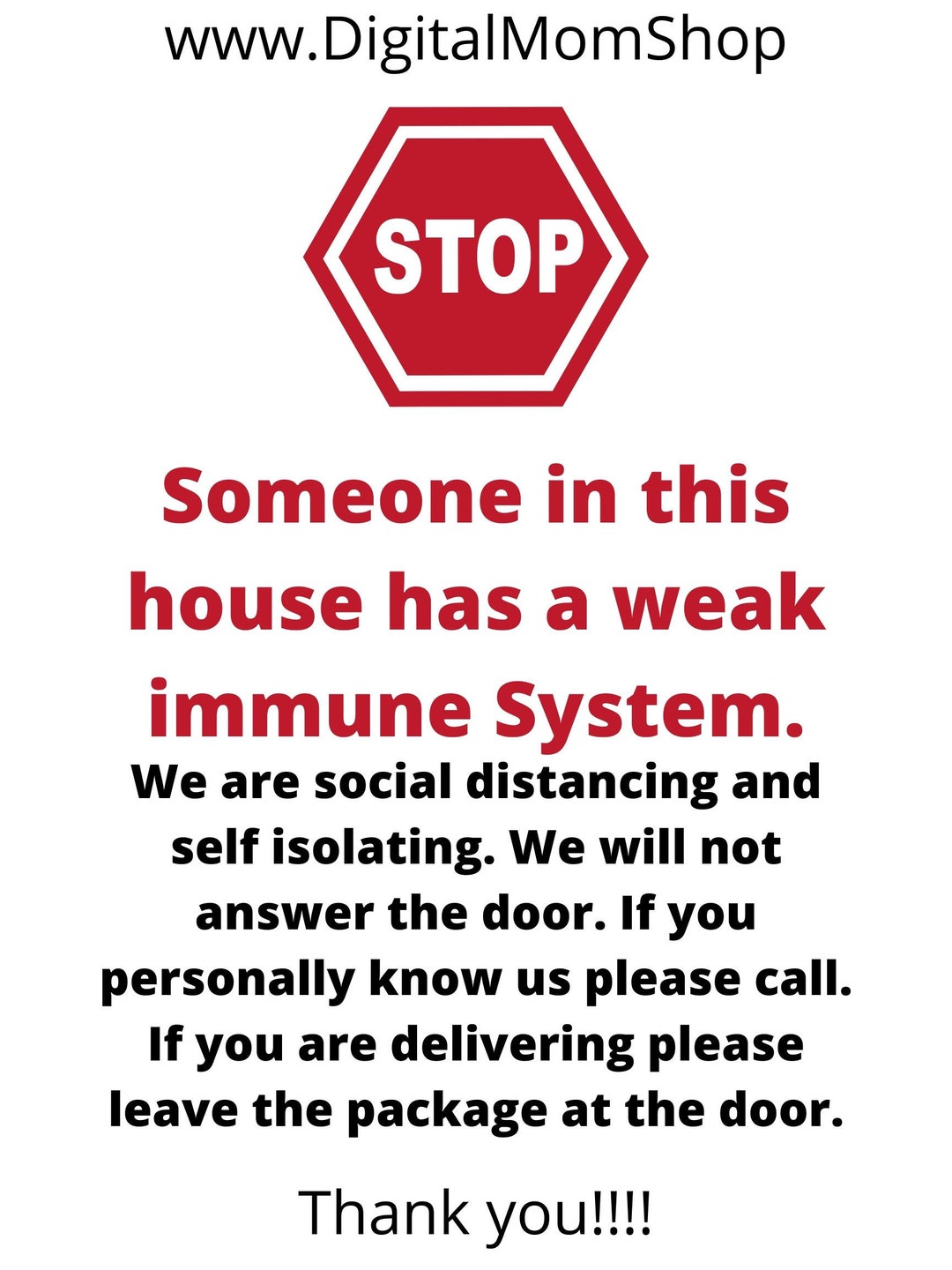 Printable Stop Medical Sign, Weak Immune System Print, Stop Sick Family ...