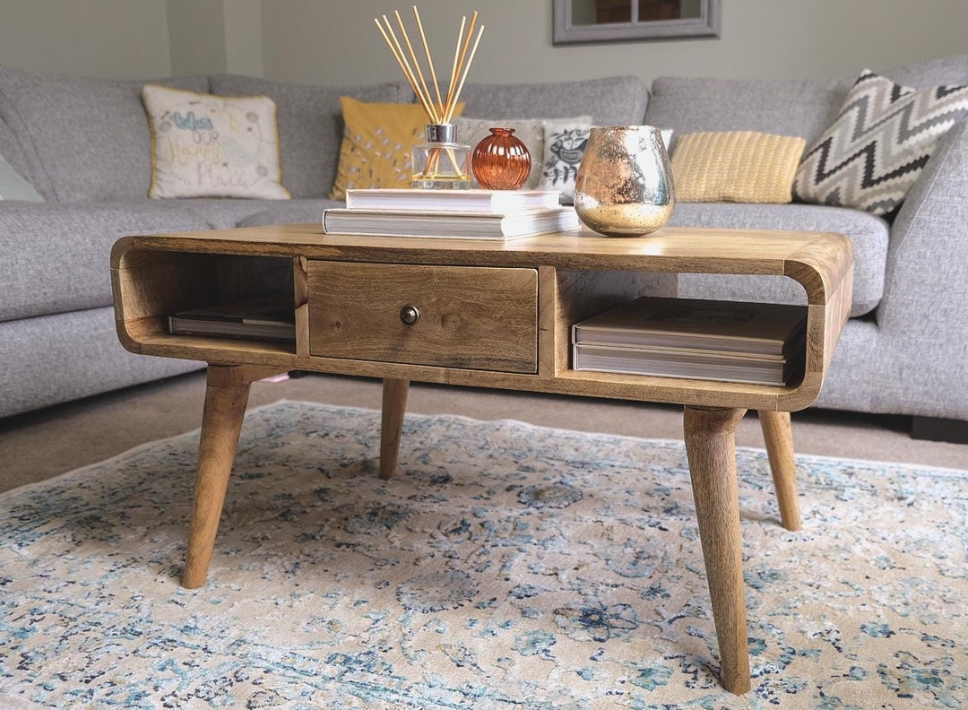 Curved Coffee Table 2 Storage Drawers Open Slot Shelf Natural Mango ...