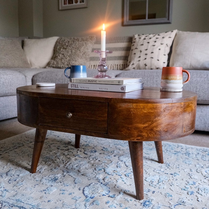 Oval Coffee Table 2 Storage Drawers Chestnut Mango Wood Curved - Etsy