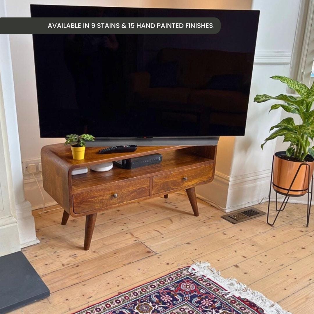 Curved Chestnut Mango Wood TV Stand With Storage, Handcrafted Living ...