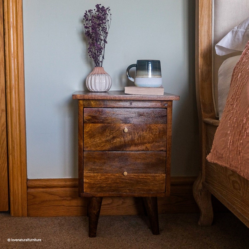 Small Wooden Bedside Table Two Storage Drawers Mango Wood - Etsy