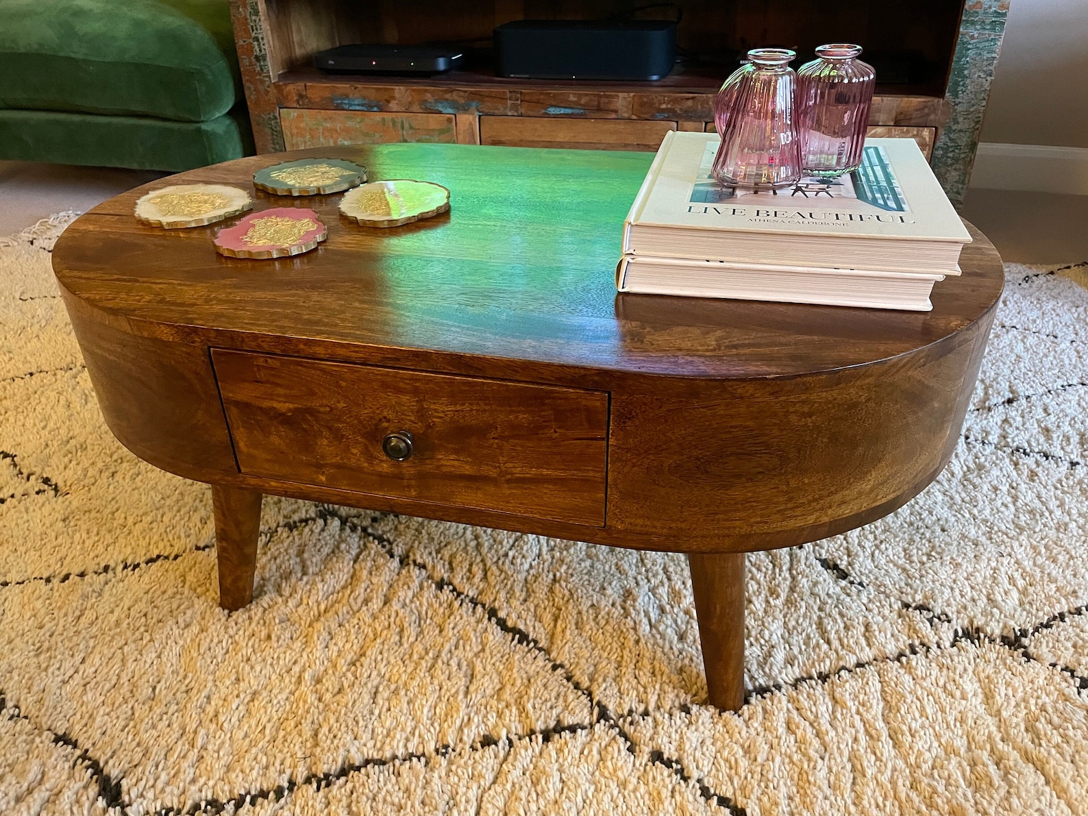 Oval Coffee Table 2 Storage Drawers Chestnut Mango Wood Curved ...