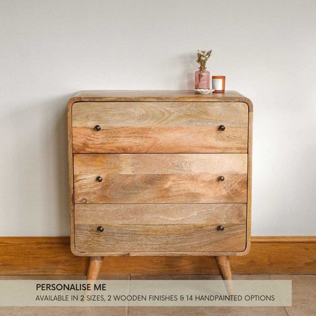 Curved Chest of 3 Drawers in Light Mango Wood Solid Wooden Scandinavian Style Bedroom Storage Chest Hand Painted Option Available Etsy UK
