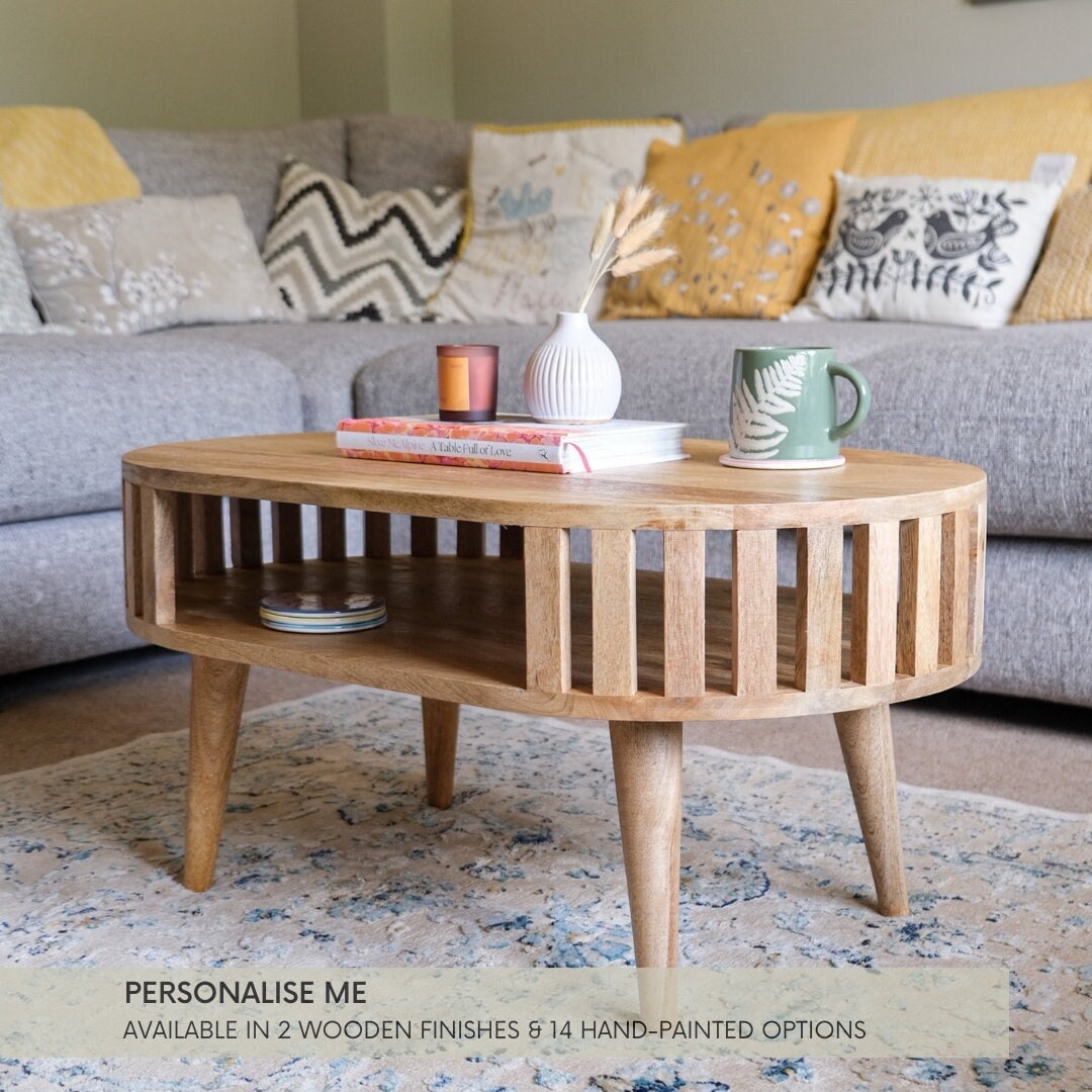 Slat Coffee Table Open Storage Shelf Round Light Mango Wood ...