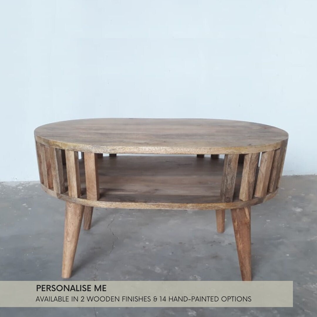 Small Custom Slat Coffee Table Open Storage Shelf Solid Light Mango ...