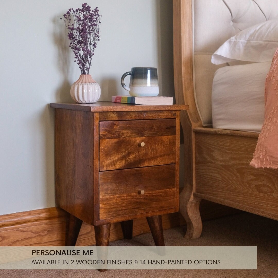 Small Wooden Bedside Table Two Storage Drawers Mango Wood Nordic Rustic ...