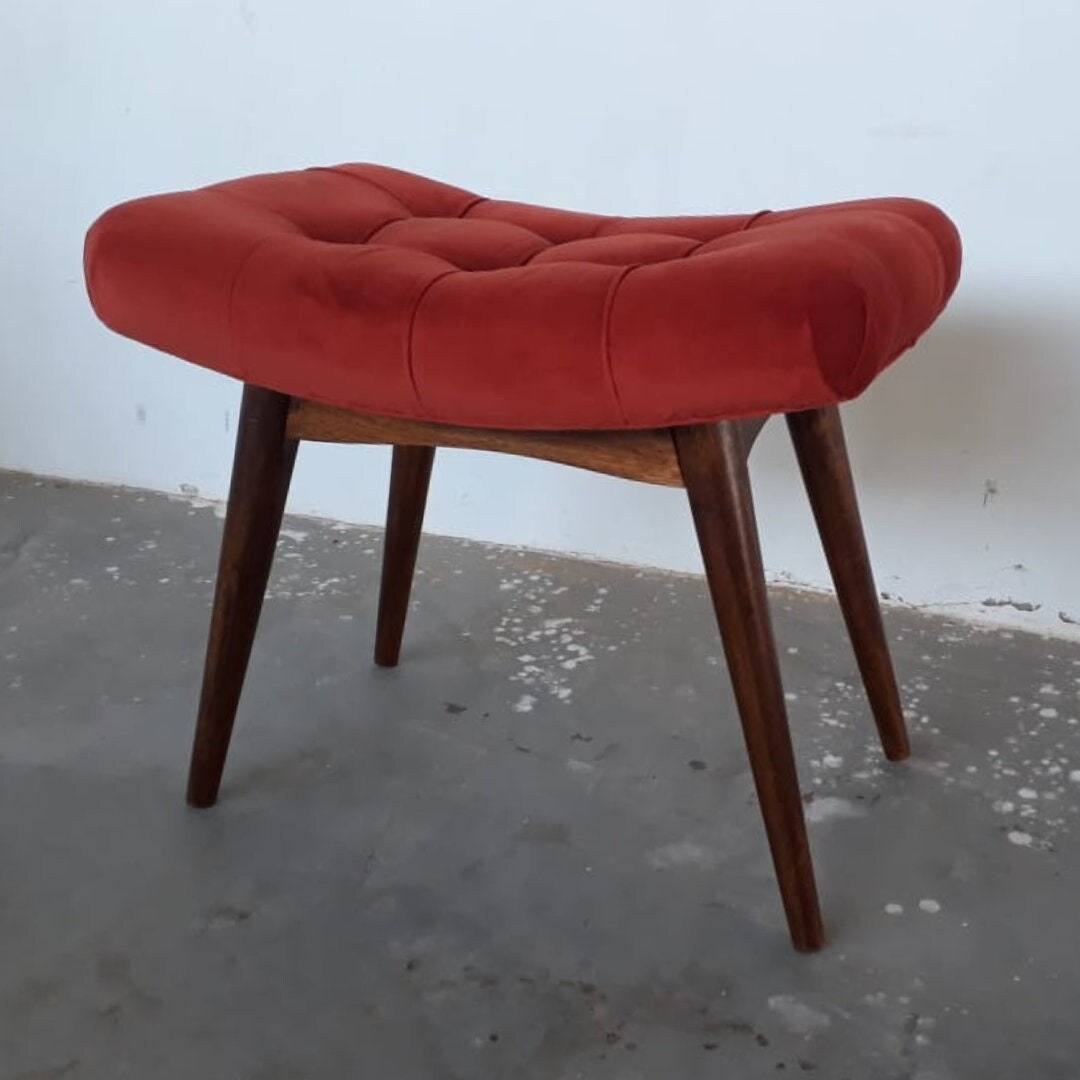 Curved Deep Button Bench in Red Velvet With Dark Mango Wood Retro ...