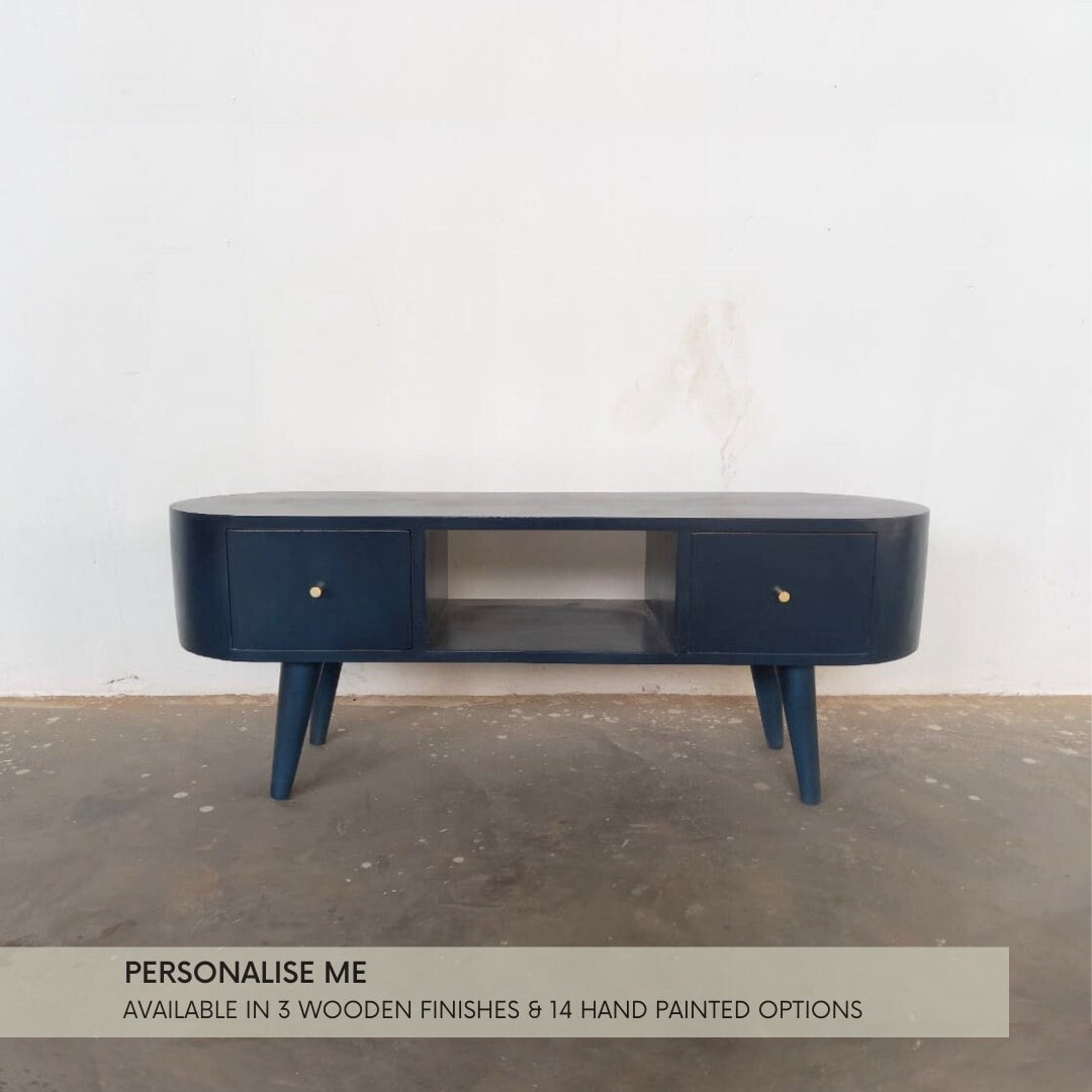Curved Navy Blue Mango Wood TV Stand | Vintage Media Unit - Etsy