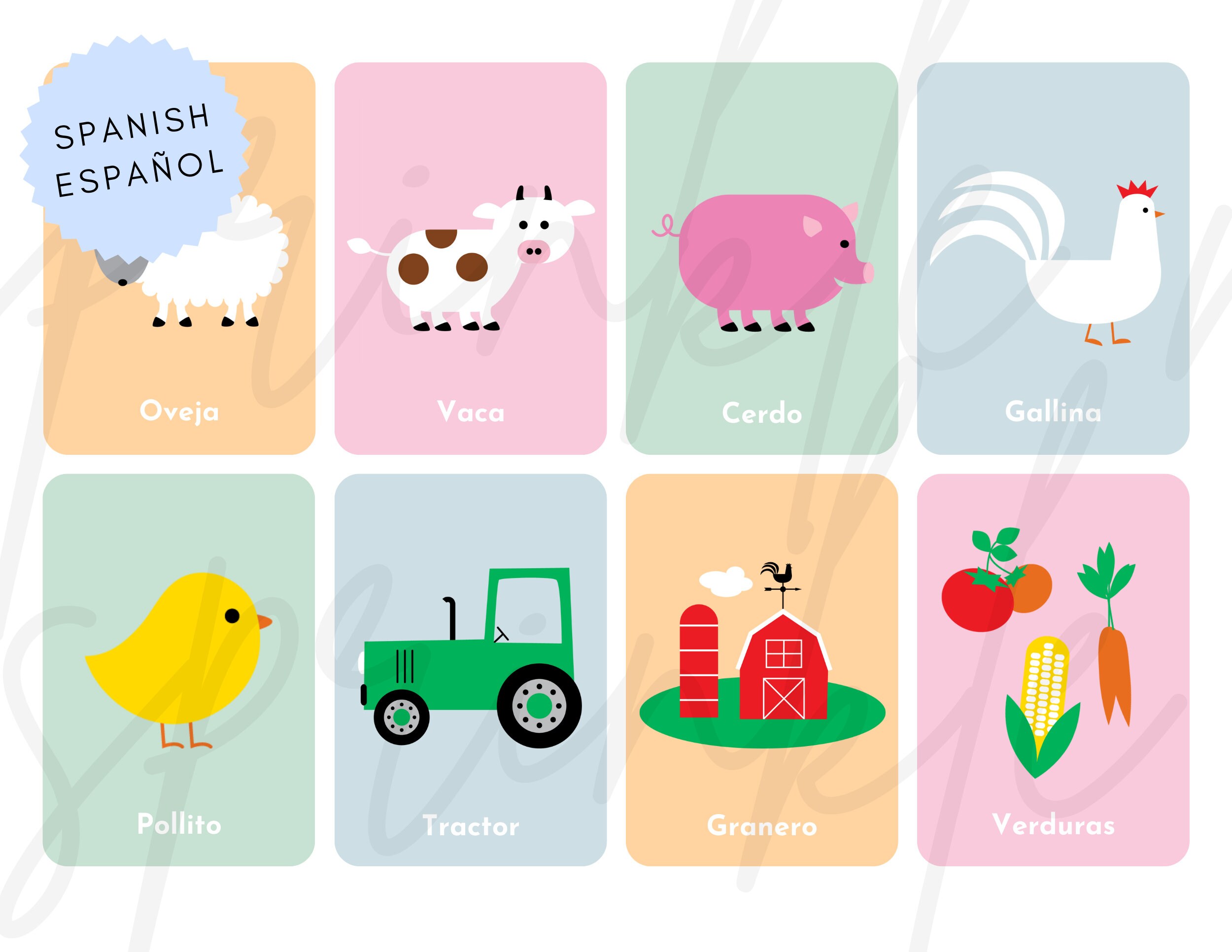 Printable on the Farm Flashcards, Animals, English, Spanish, Homeschool ...