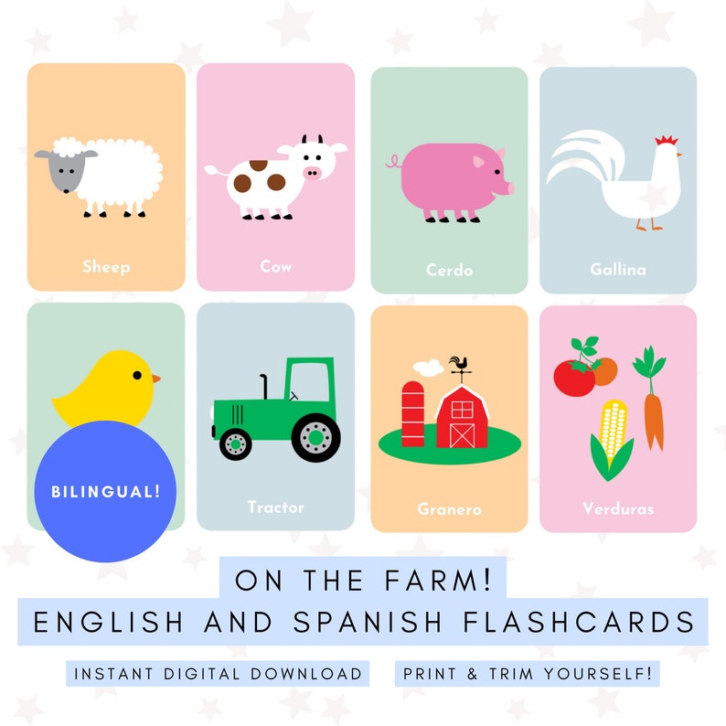 Printable on the Farm Flashcards, Animals, English, Spanish, Homeschool ...