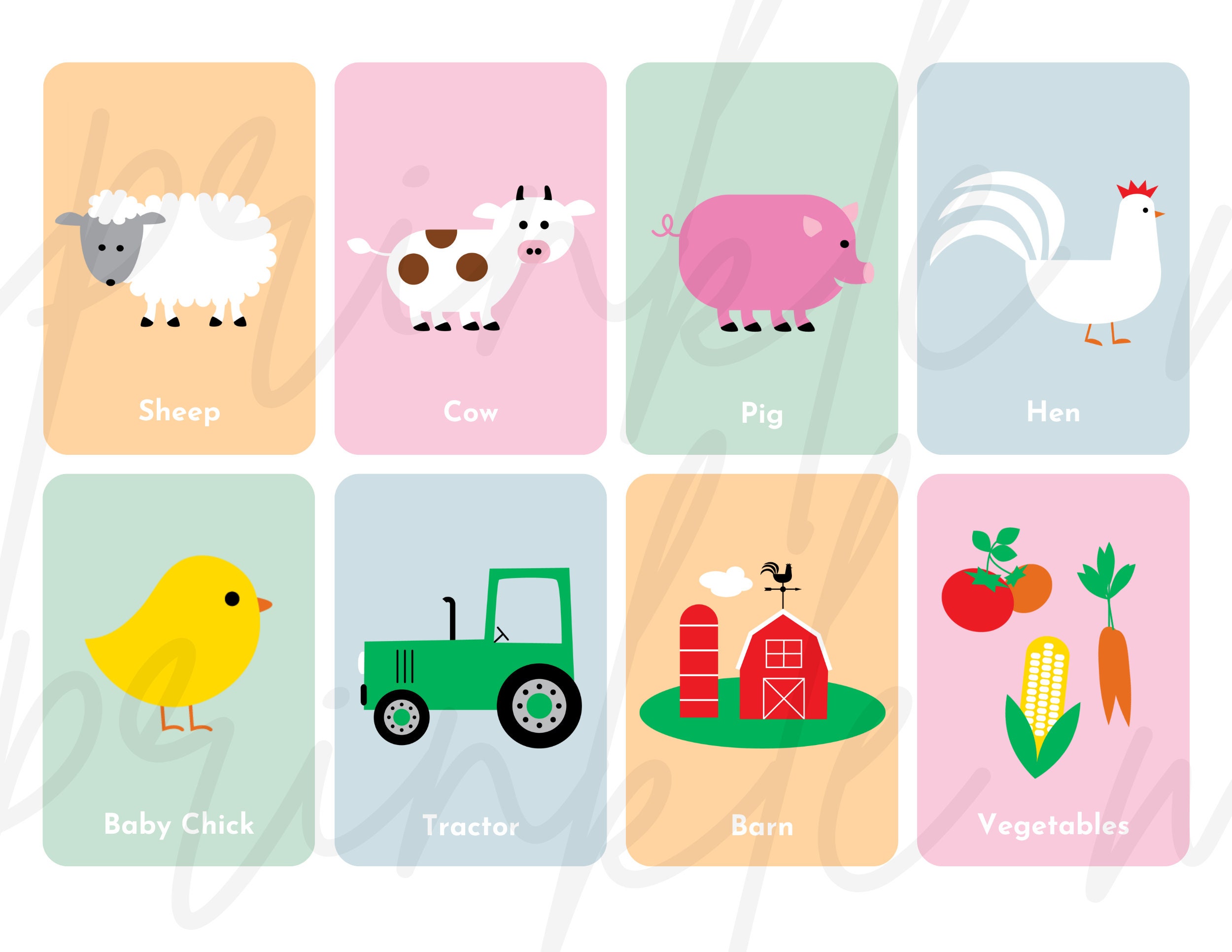 Printable on the Farm Flashcards, Animals, English, Spanish, Homeschool ...