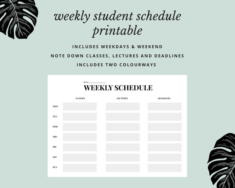 Student Weekly Schedule Printable, Class Planner, Weekly Organizer ...