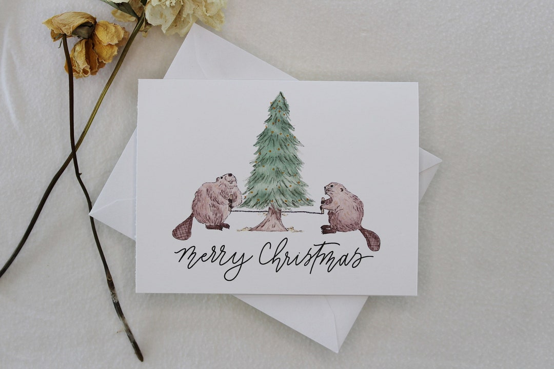 Beavers Christmas Tree Christmas Card, Blank Christmas Card, Watercolor ...
