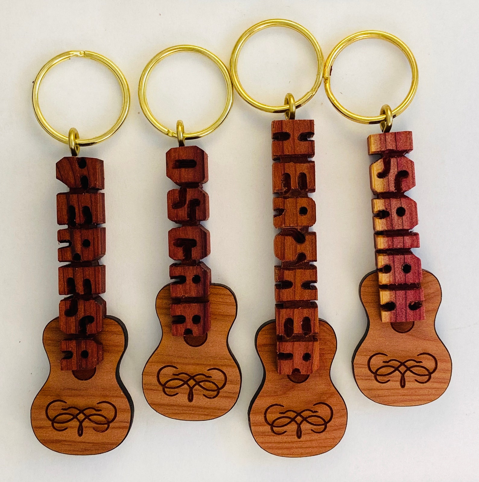 Hand Carved Red Cedar Wood Guitar Key Ring/ Custom Name - Etsy