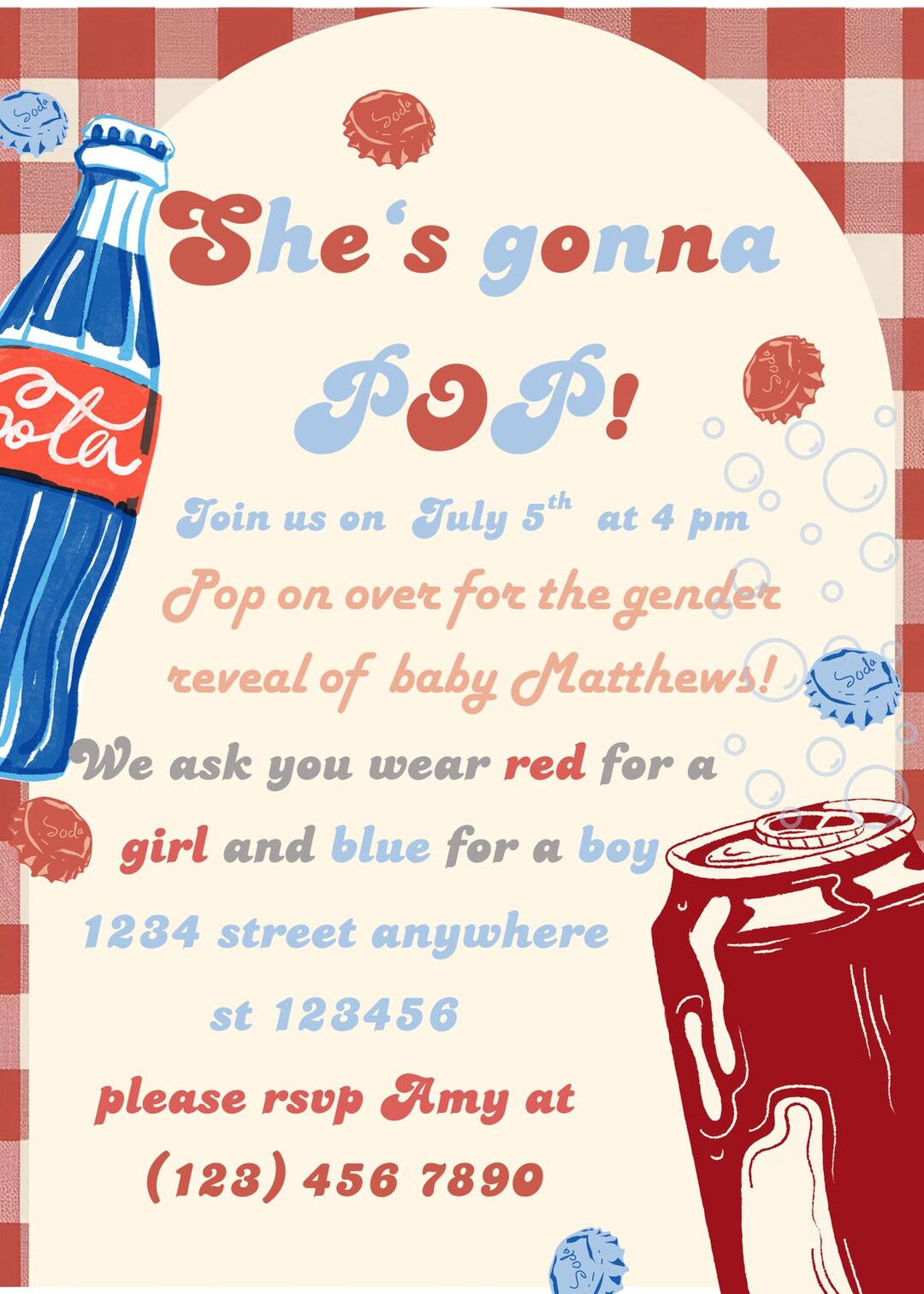 Editable SHES GONNA POP Gender Reveal Invitations| Red and Blue Soda ...
