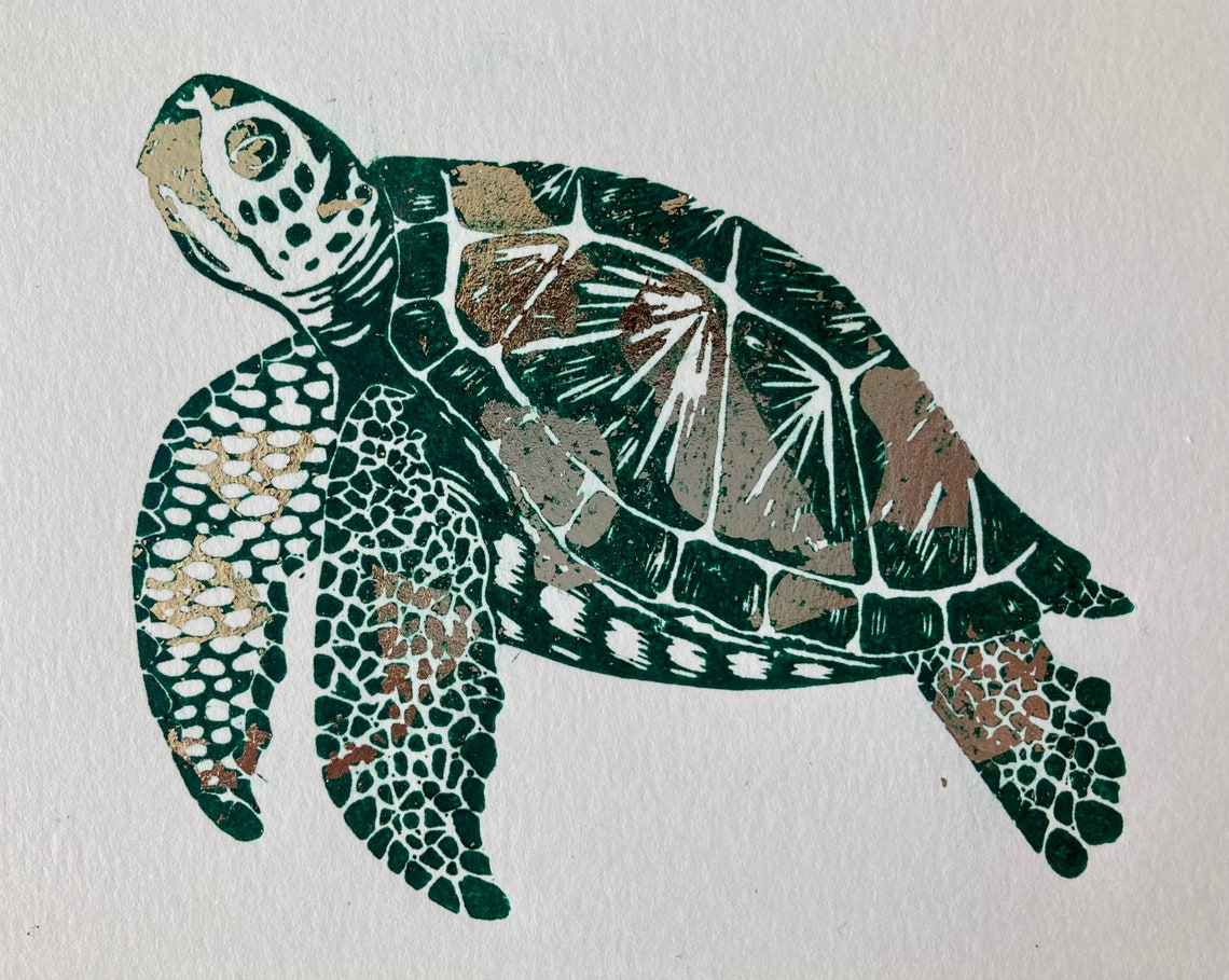 Sea Turtle Original Linocut Print Silver Leaf Embellished | Etsy