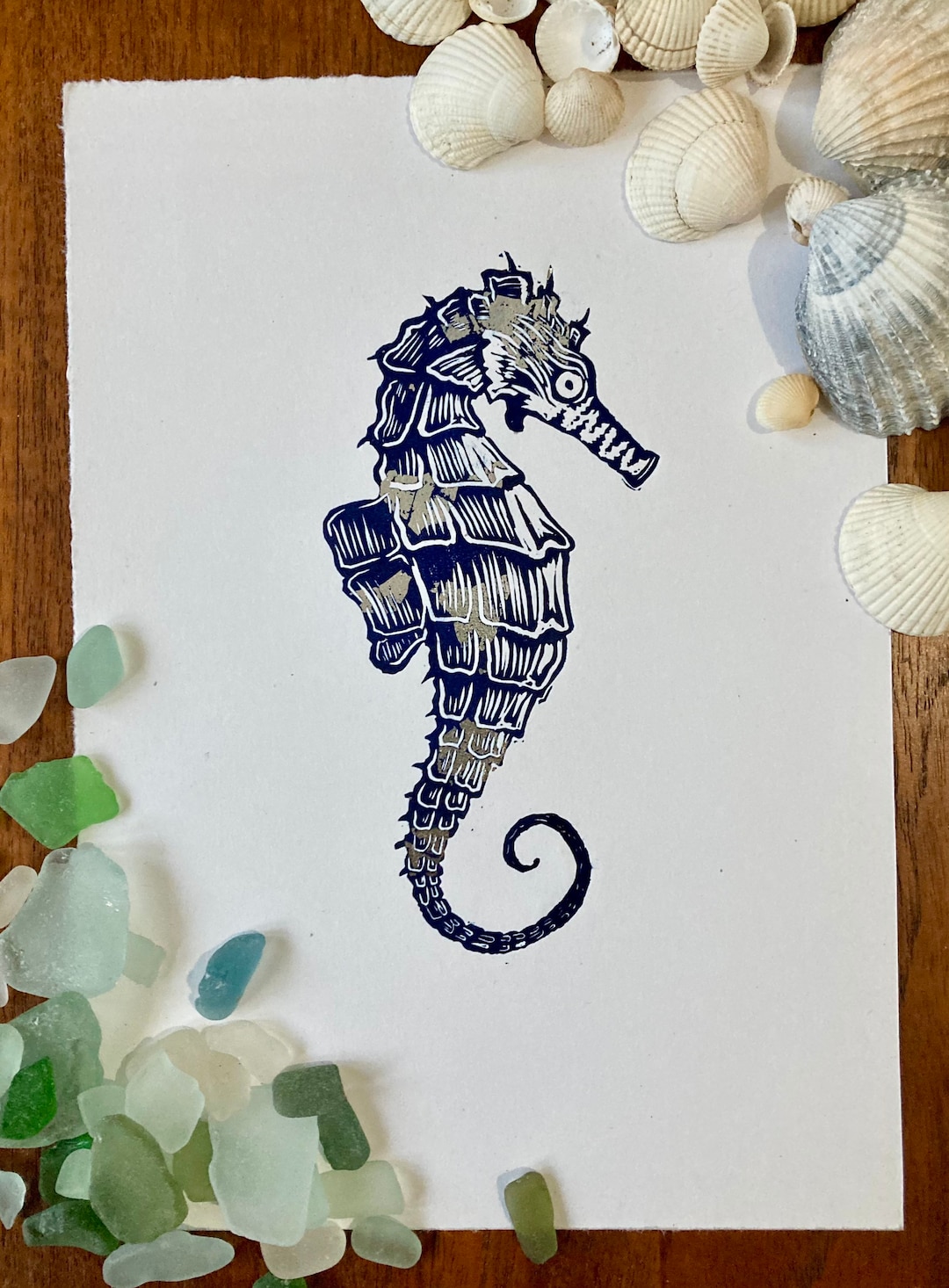 Original Seahorse Linocut Print With Silver Leaf Details - Etsy UK